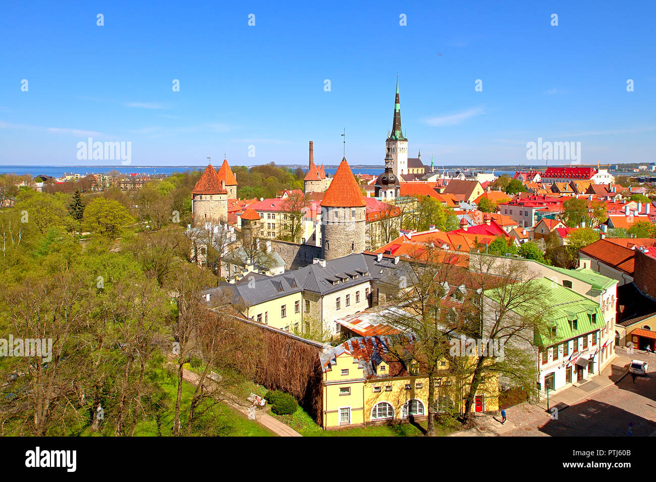 Stunning view to the Old Town of Tallinn from the high ground. Red and ...