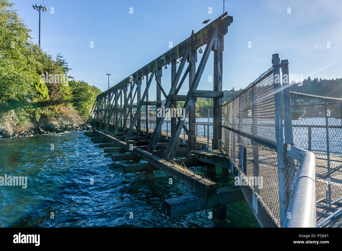 A view of a walkway along a pier at Jack Block Park in West Seattle ...