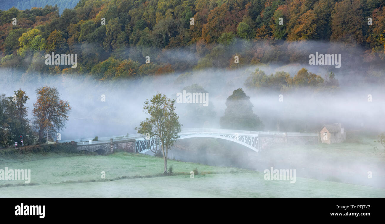 Bigsweir bridge in the lower Wye valley surrounded by morning mist ...