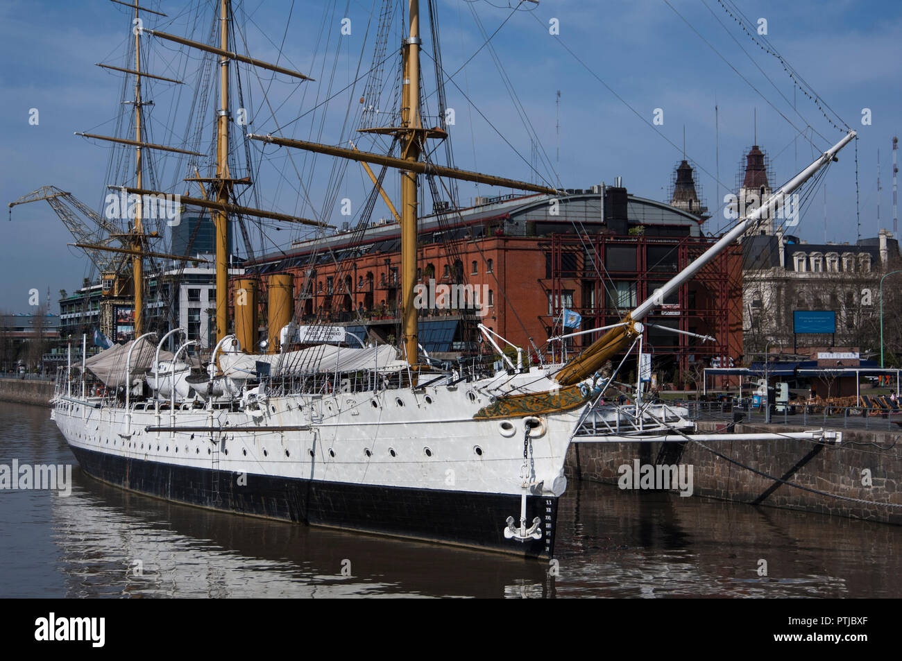 Three-masted sailing ship, the frigate Presidente Sarmiento, moored at ...