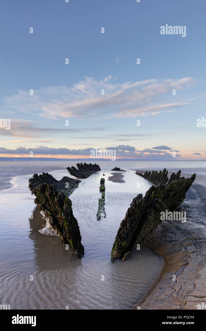 The wreck of the Norwegian barque SS Nornen on Berrow beach at low tide ...