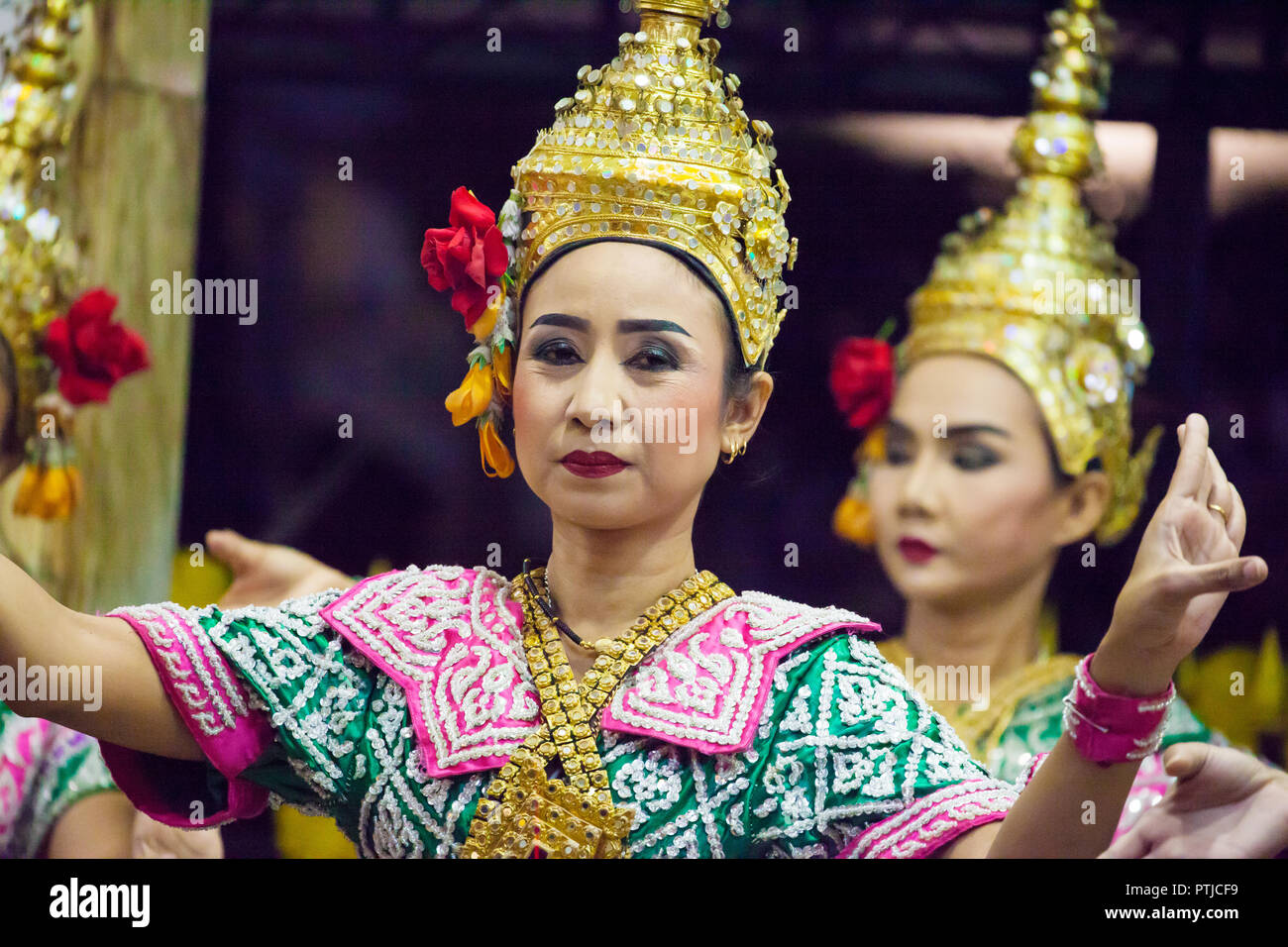 Bangkok, Thailand - August 26, 2018: Dancer performing a traditional Thai dancing for the ...