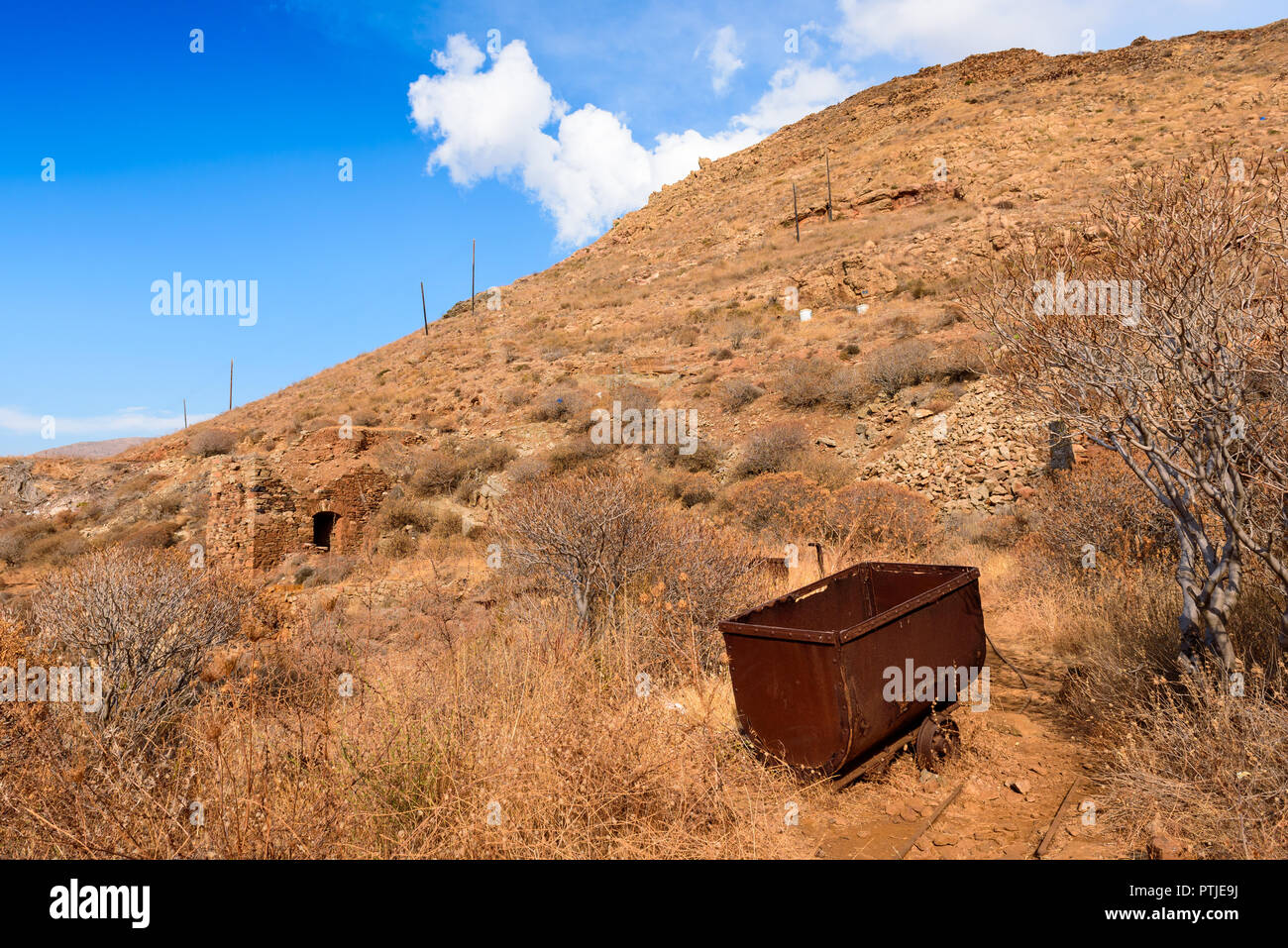 Mining wagon at Megalo Livadi in Serifos. Cyclades islands, Greece ...