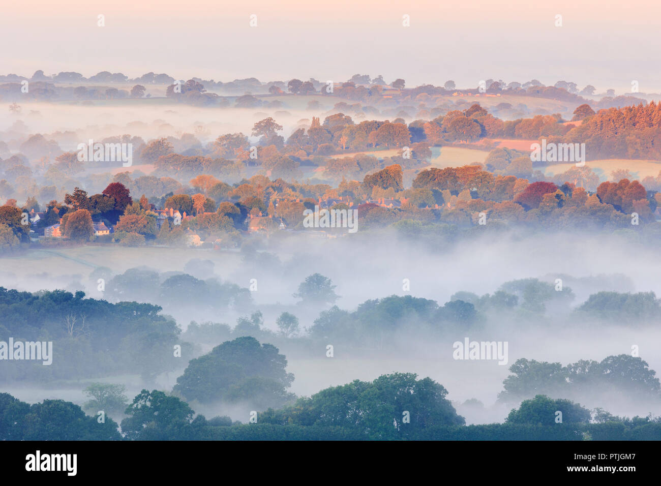 The view from Hod Hill in Dorset on a misty morning Stock Photo - Alamy
