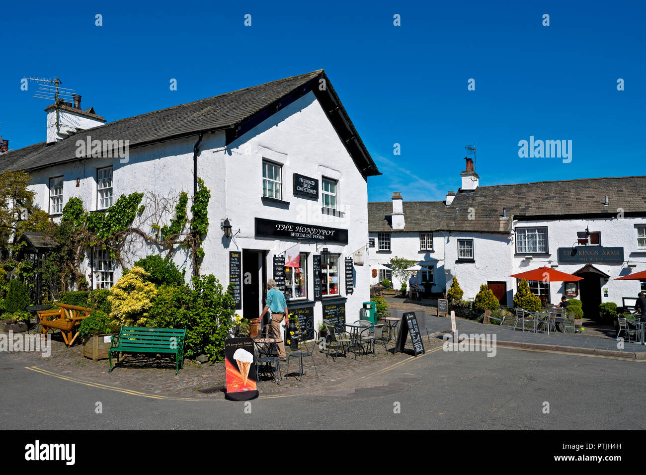 Local shops and the Kings Arms Inn at Hawkshead Stock Photo - Alamy