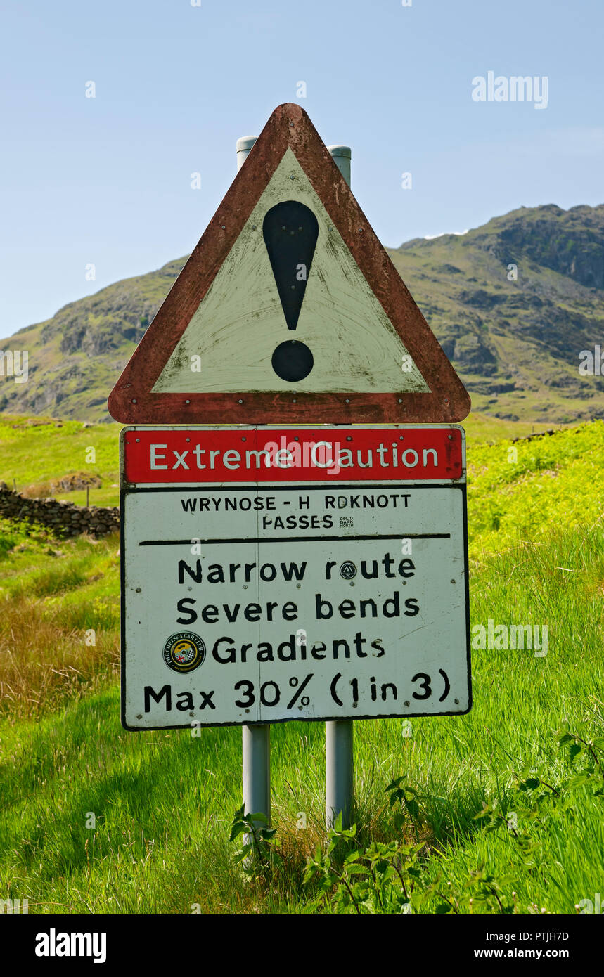 Extreme caution road sign at Wrynose and Hardknott passes Stock Photo ...