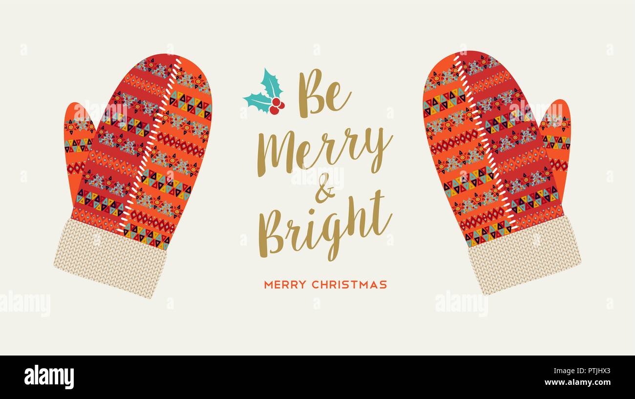Merry Christmas illustration of vintage red winter mittens with ...