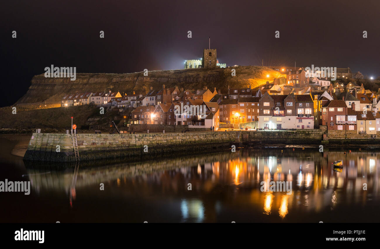 Night reflections on Whitby harbour Stock Photo - Alamy