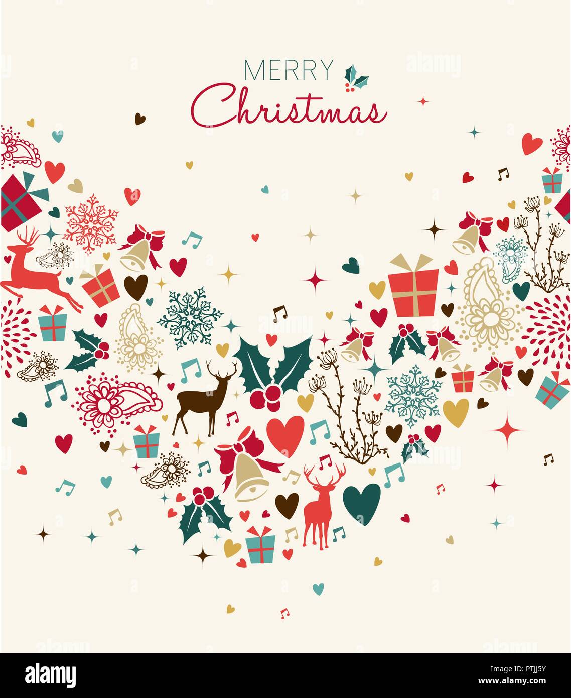 Merry Christmas retro style card with vintage reindeer seamless pattern ...