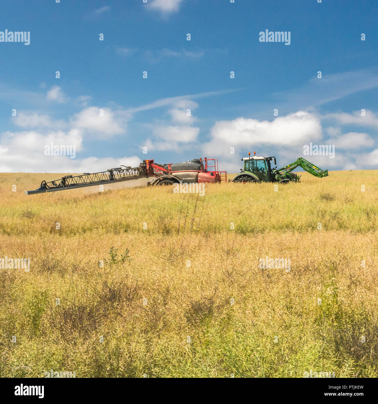 Farm tractor towing crop spraying unit in summer field. Food growing in ...