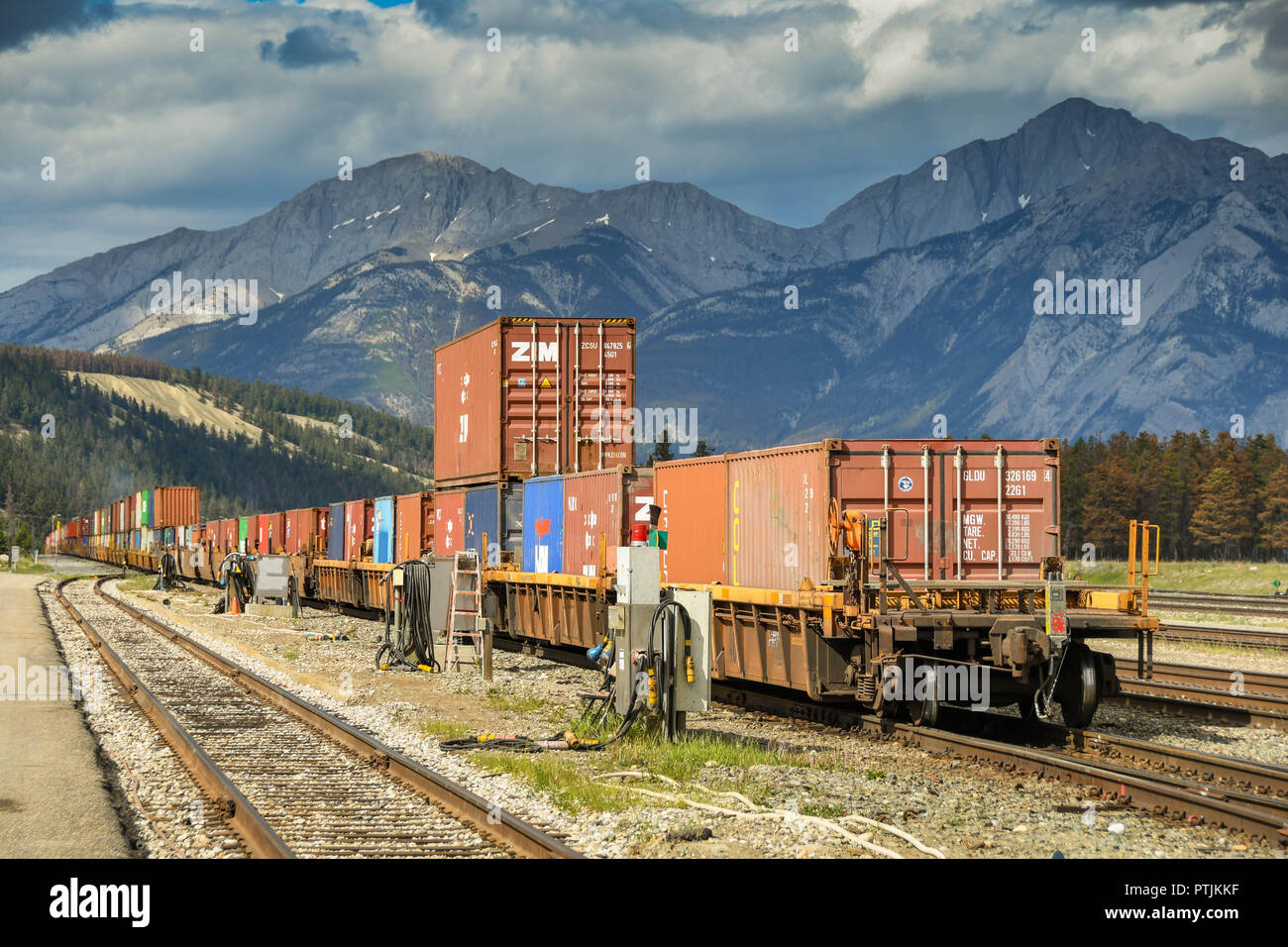Container wagons on a heavy freight train running through mountains in ...