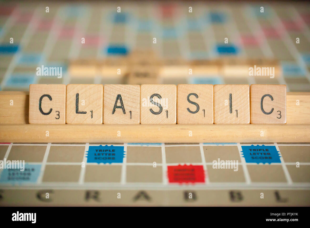 WOODBRIDGE, NEW JERSEY - October 9, 2018: A vintage Scrabble board game ...