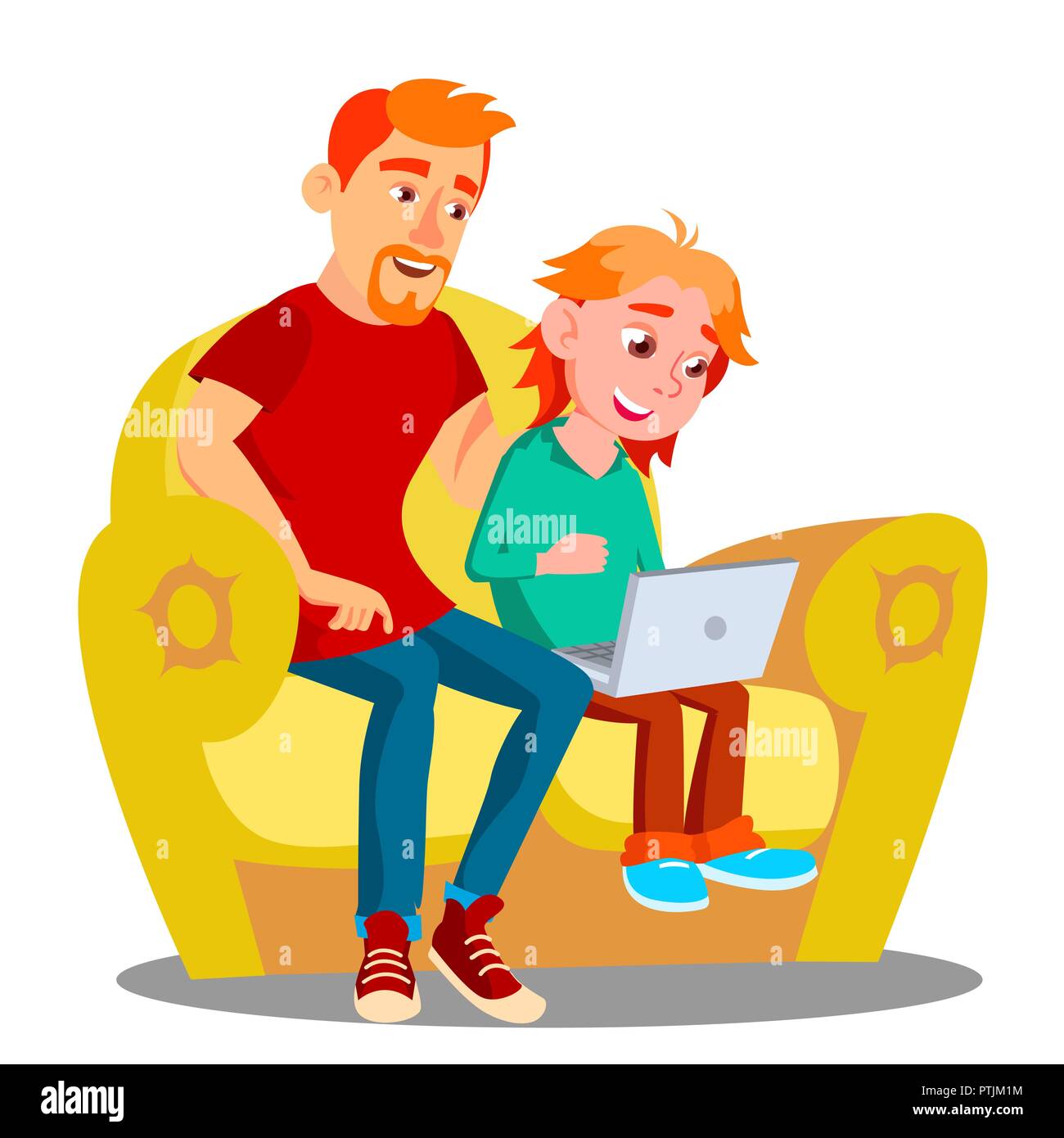 Father And Son Using Laptop On The Sofa Vector. Isolated Illustration ...