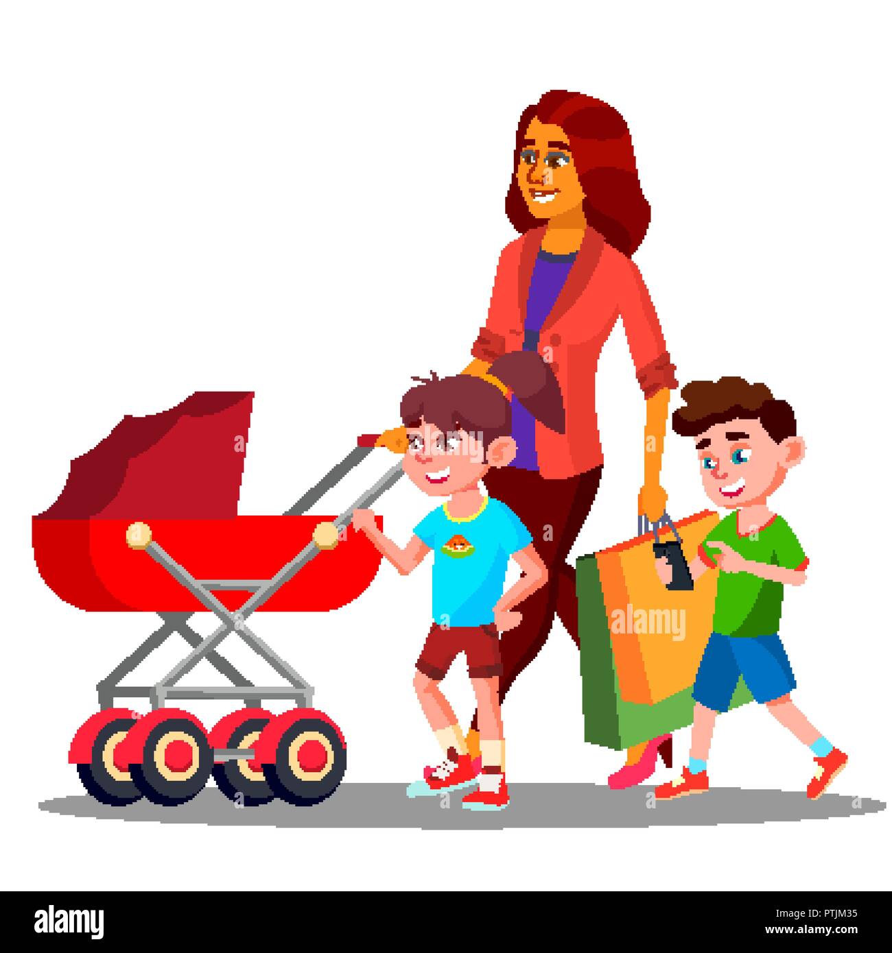 Mother Walking With A Baby Stroller Vector. Isolated Illustration Stock ...