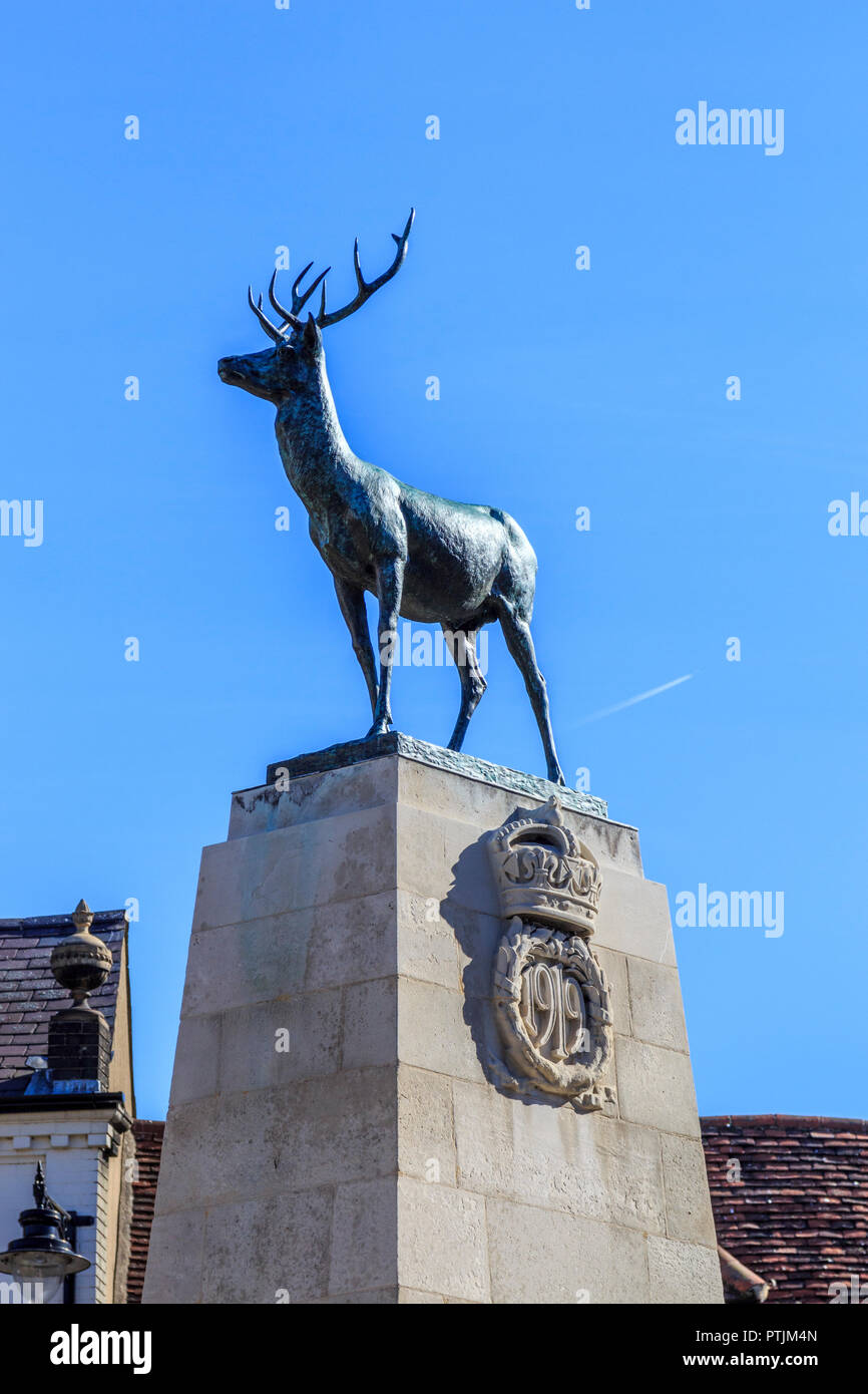 war memorial with county stag symbol aloft, Hertford town centre ...
