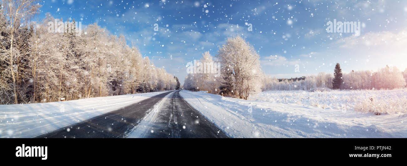 winter road, covered with snow on sunny day Stock Photo - Alamy