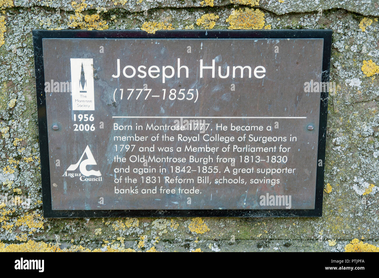 Plaque under statue of Joseph Hume born 1777 in Montrose, a previous ...