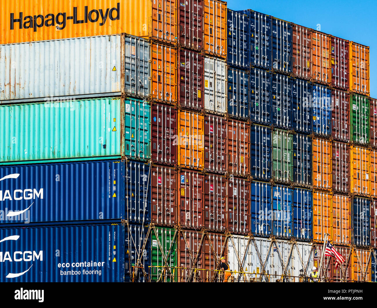 Shipping Containers stacked on a container ship in Rotterdam Harbour ...