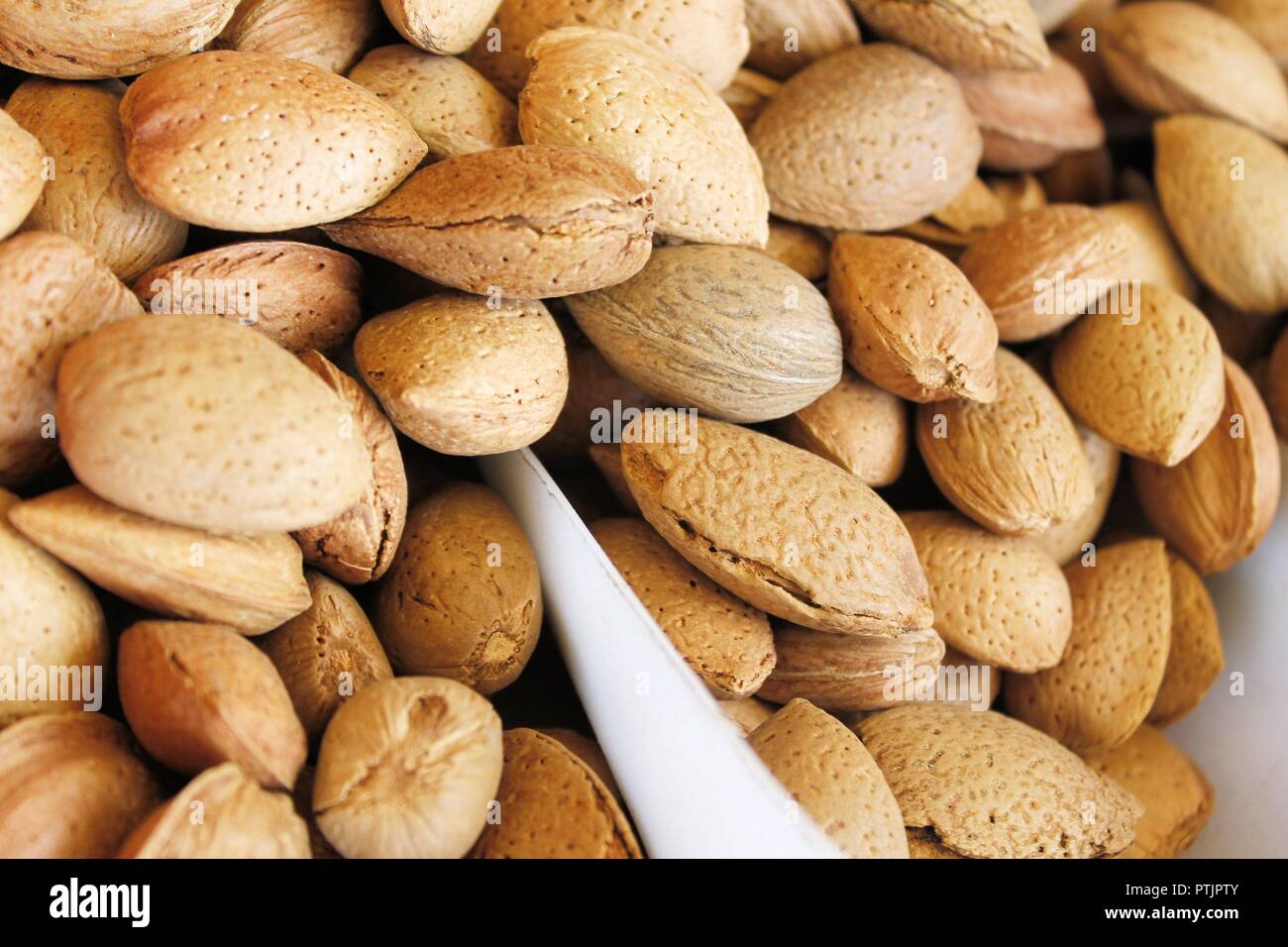 Crude almonds with nutshell for background of texture Stock Photo - Alamy