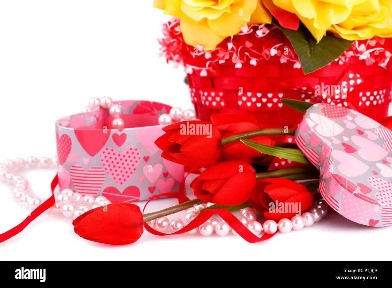 Colorful flowers, candles and gift box close up picture Stock Photo - Alamy