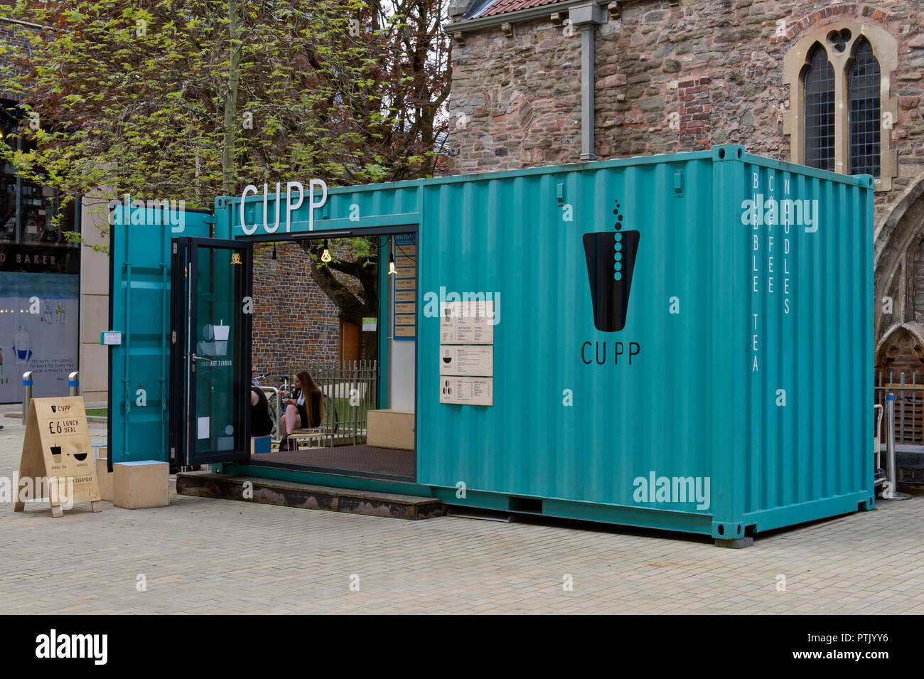 Cupp, drinks cafe in a shipping container in Cabot Circus, Bristol, UK ...