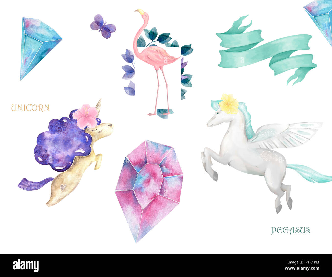 Unicorn and Pegasus and Flamingo cute clip art with ribbon and crystal ...