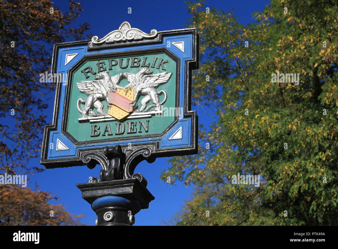 Antique German metal signpost with the words "Republik Baden Stock ...