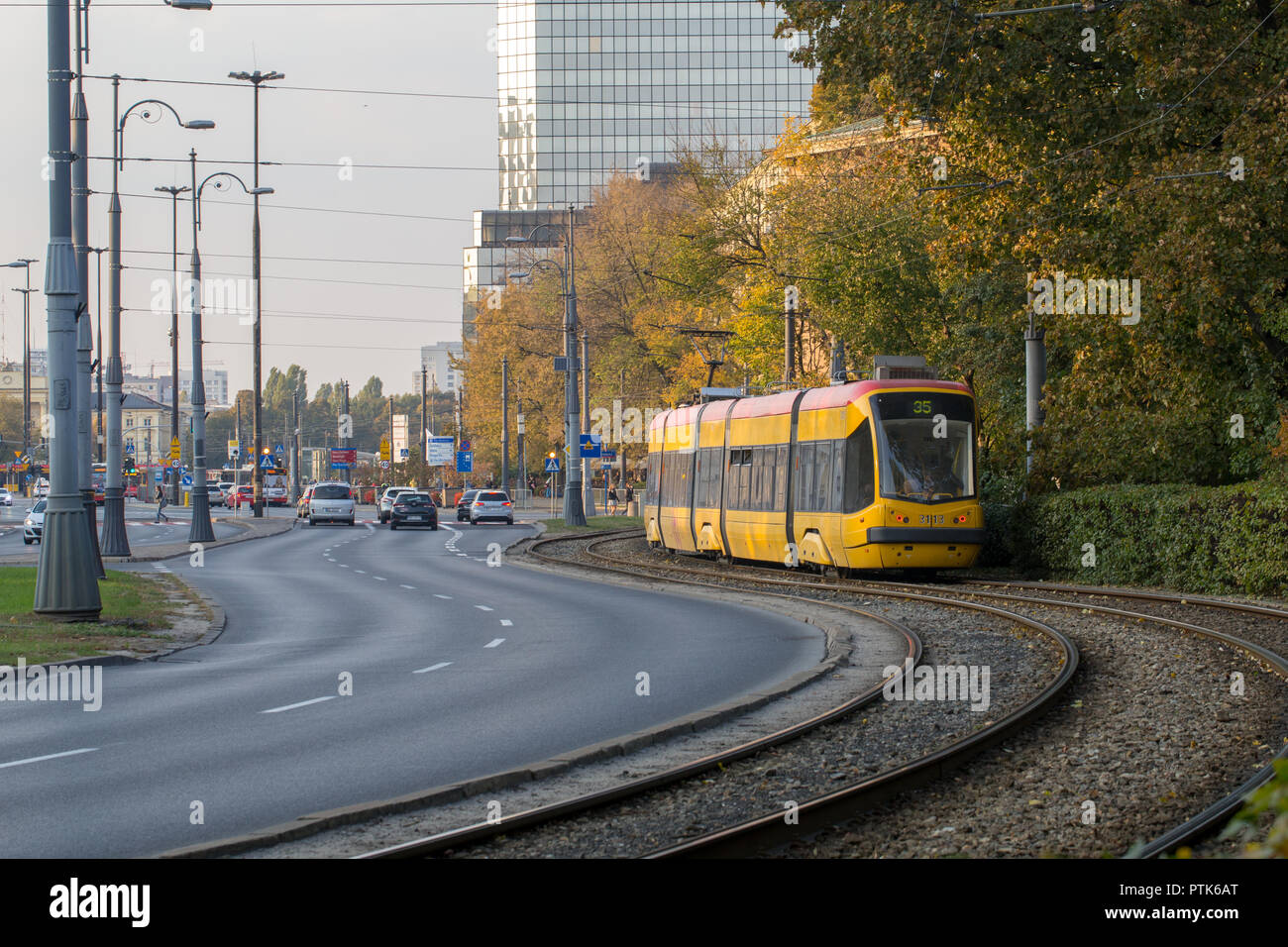 Yellow Pesa Tramicus tram in Warsaw, Poland Stock Photo - Alamy