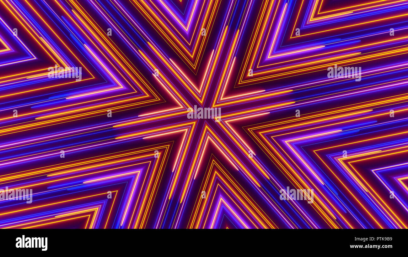 Beautiful abstract symmetry kaleidoscope with shiny neon lines, 3d render backdrop, computer ...