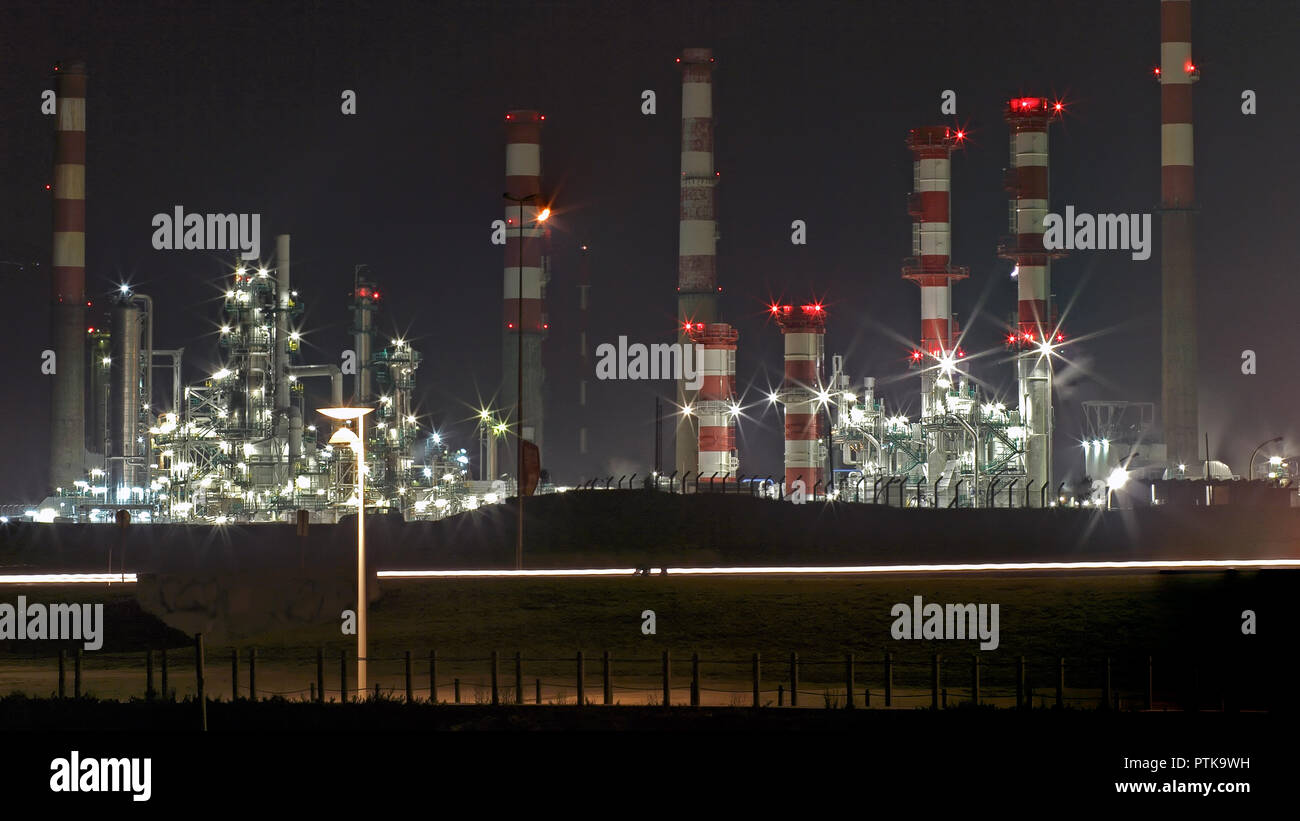Part of a big oil refinery by night. Long esposure Stock Photo - Alamy