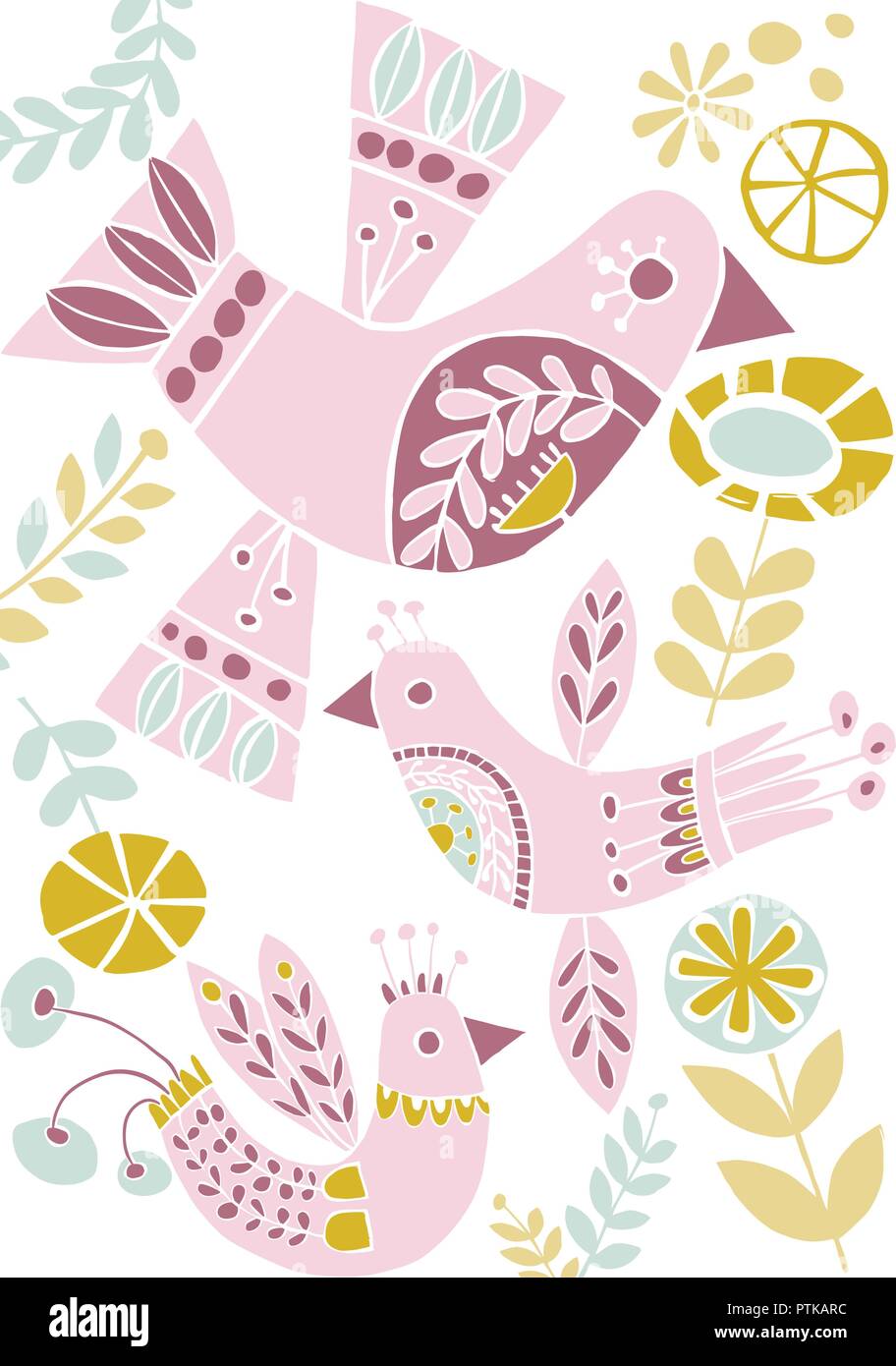 Colorful illustration of folk birds on a white background Stock Vector ...