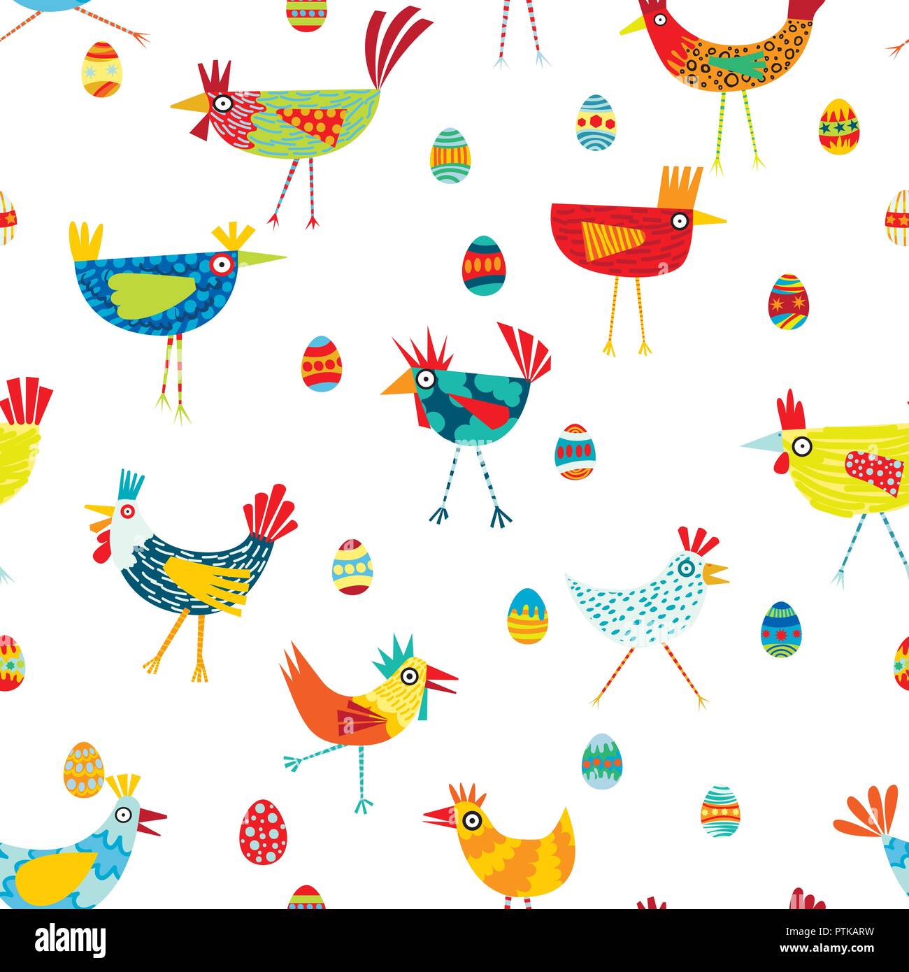 Colorful seamless repeat pattern of chickens on a white background ...