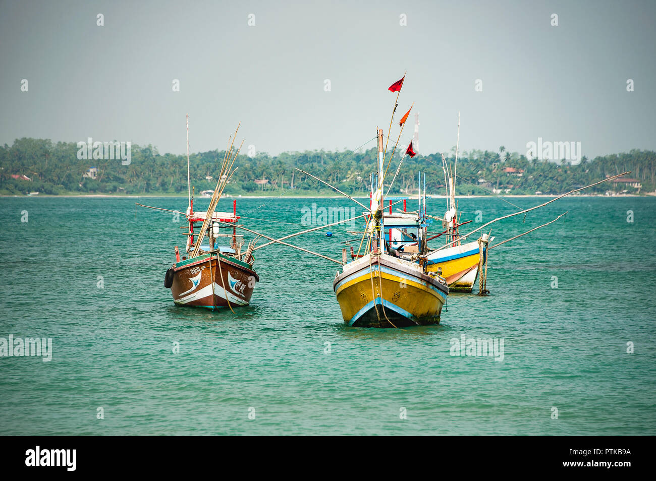 Traditional wooden fishing boats at anchor near Kogala, Sri Lanka Stock ...