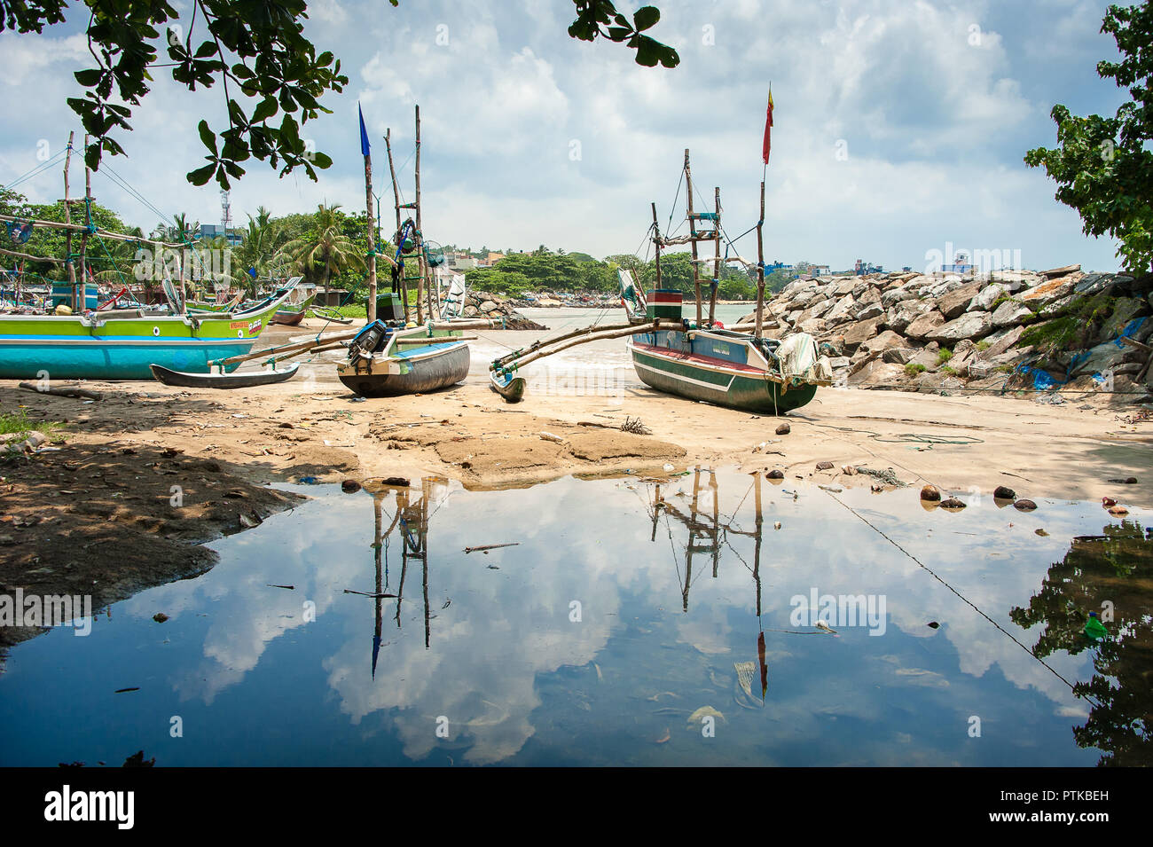Traditional, painted, wooden fishing boats in the harbour. Colourful ...