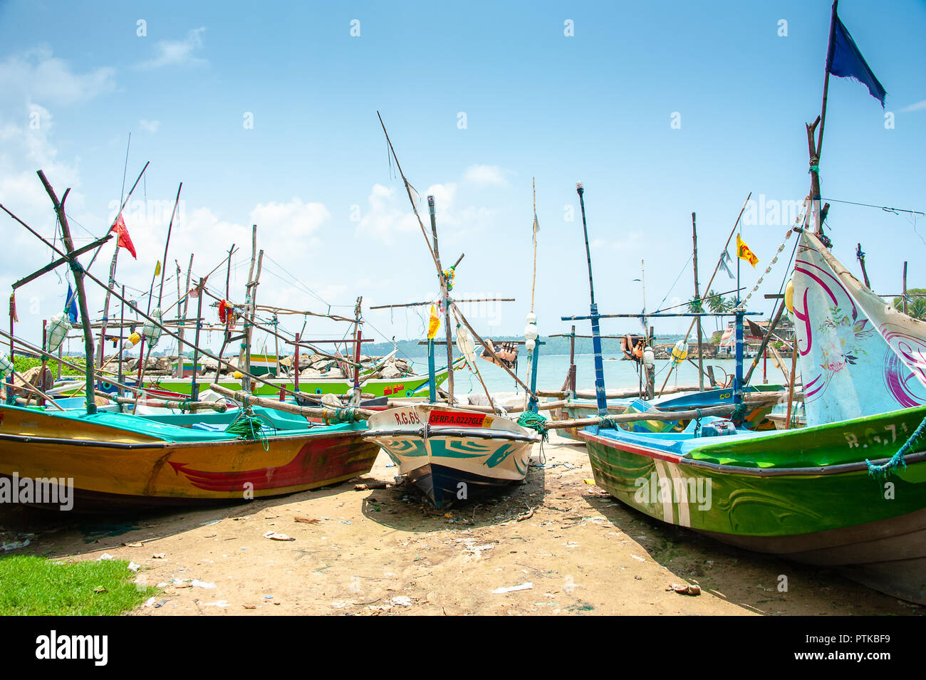 Colourful wooden, painted boats in Galle fishing harbour, Sri Lanka ...