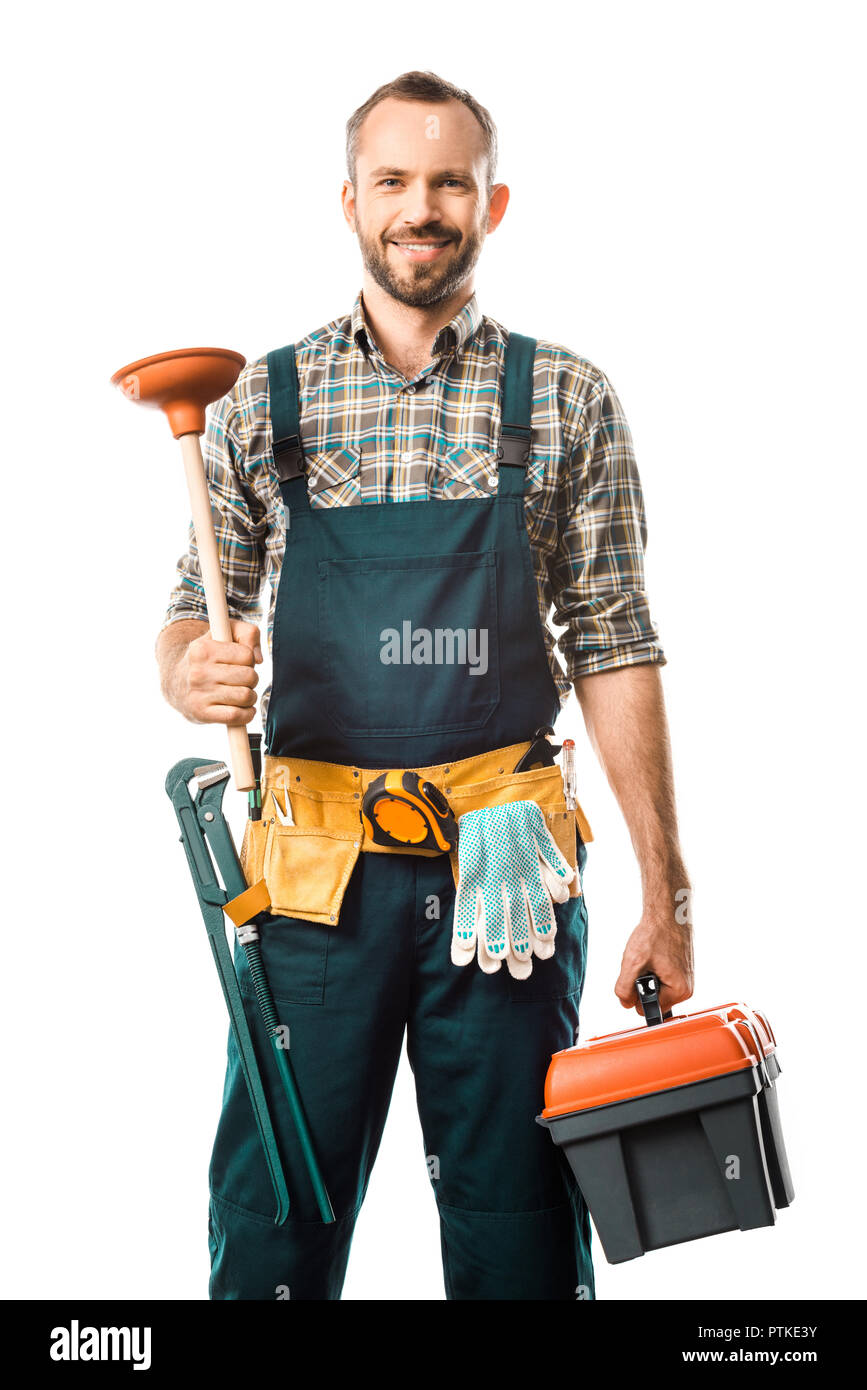smiling handsome plumber holding plunger and toolbox isolated on white ...