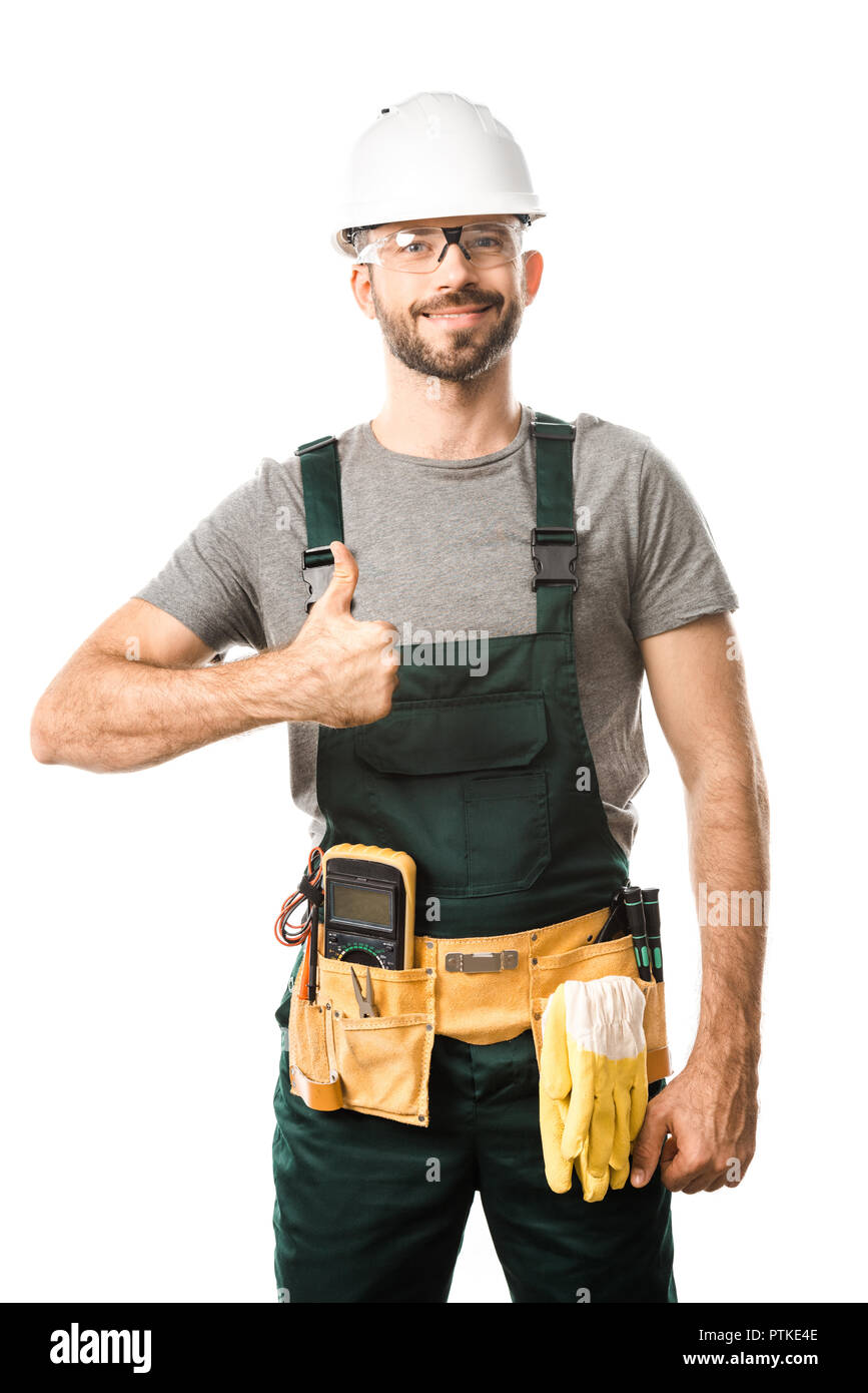 smiling handsome electrician showing thumb up isolated on white Stock ...