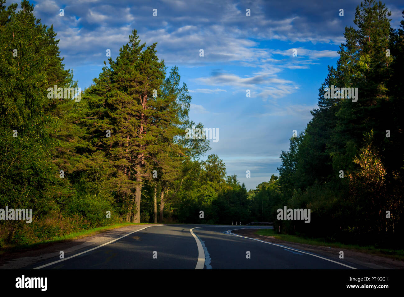 Russian roads in Karelia. Travel by road. Asphalt road. Smooth road car ...
