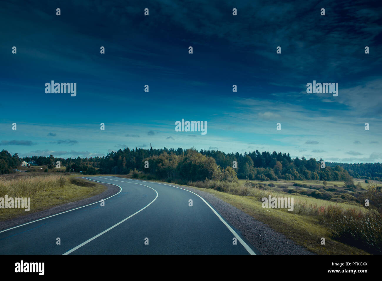 Russian roads in Karelia. Travel by road. Asphalt road. Smooth road car ...