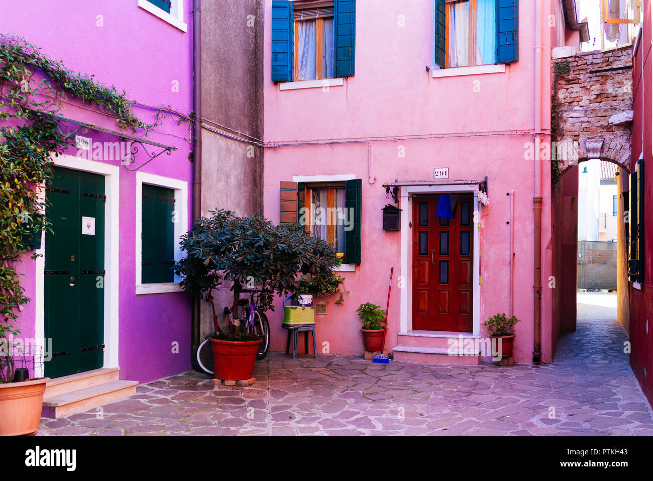 Colorful houses in Burano. Burano is an island in the Venetian Lagoon ...