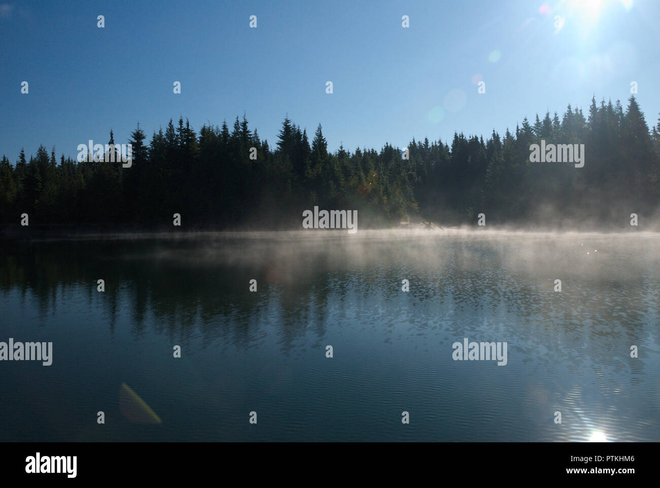 The warmth of the early morning sun mist at Stave Lake in Mission ...