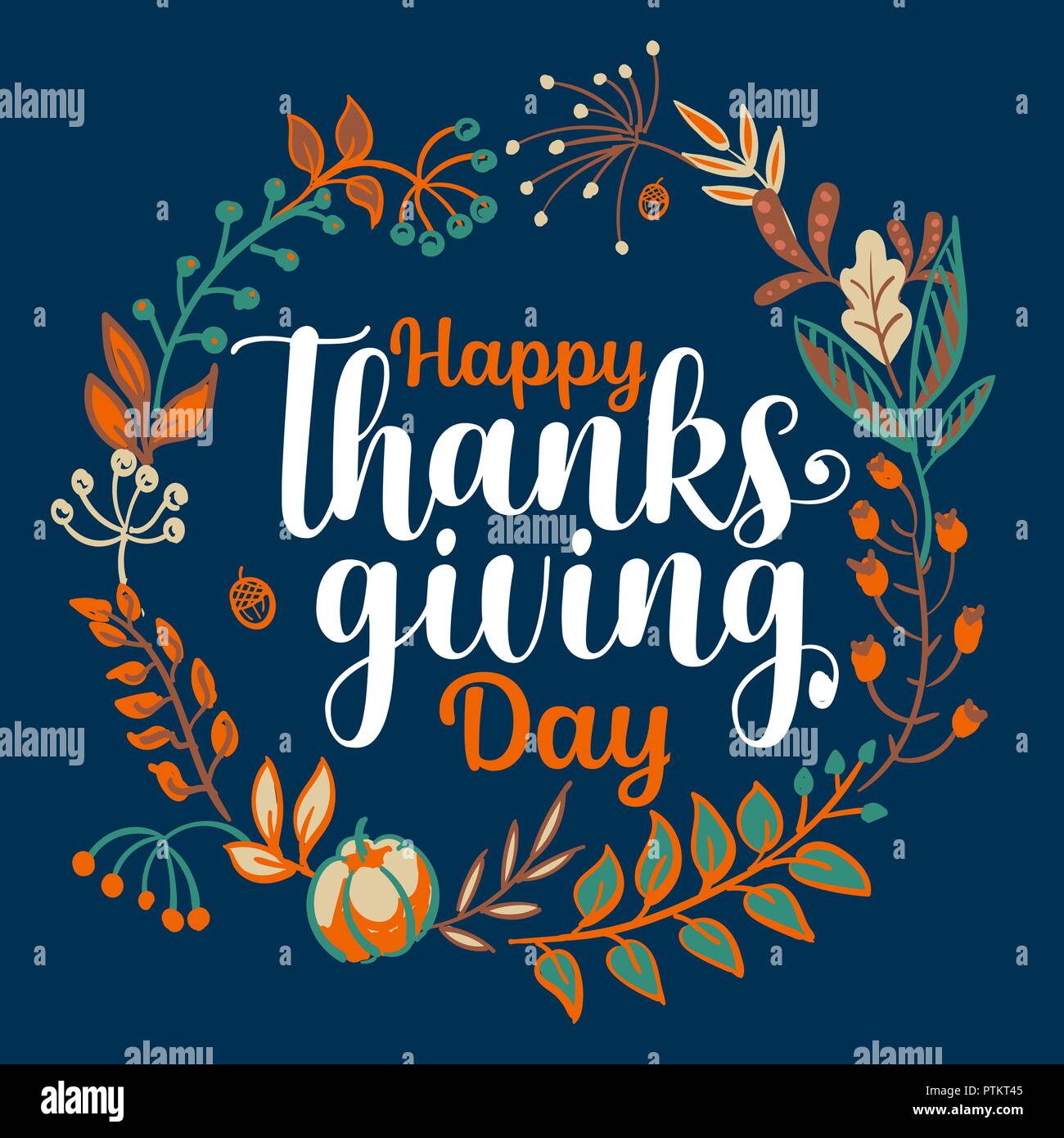 Hand drawn Happy Thanksgiving typography in autumn wreath banner. Celebration text with berries ...