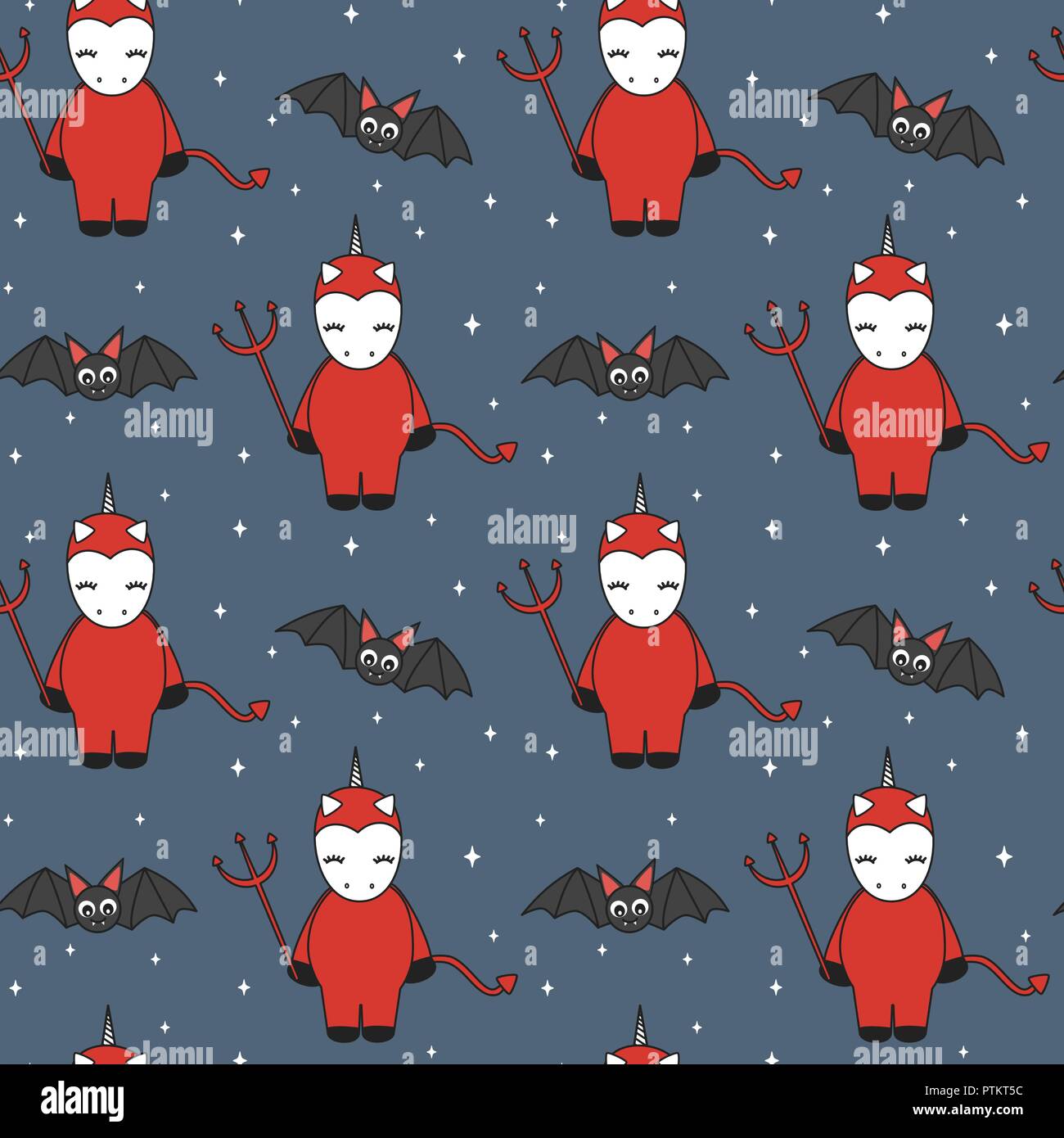 cute cartoon devil unicorns in the night halloween seamless vector ...