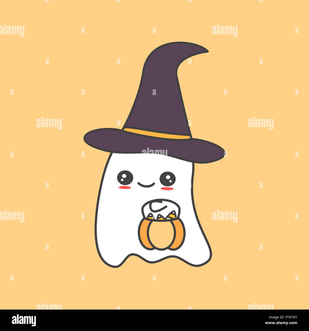 Cute Cartoon Ghost With Pumpkin Funny Vector Halloween Illustration