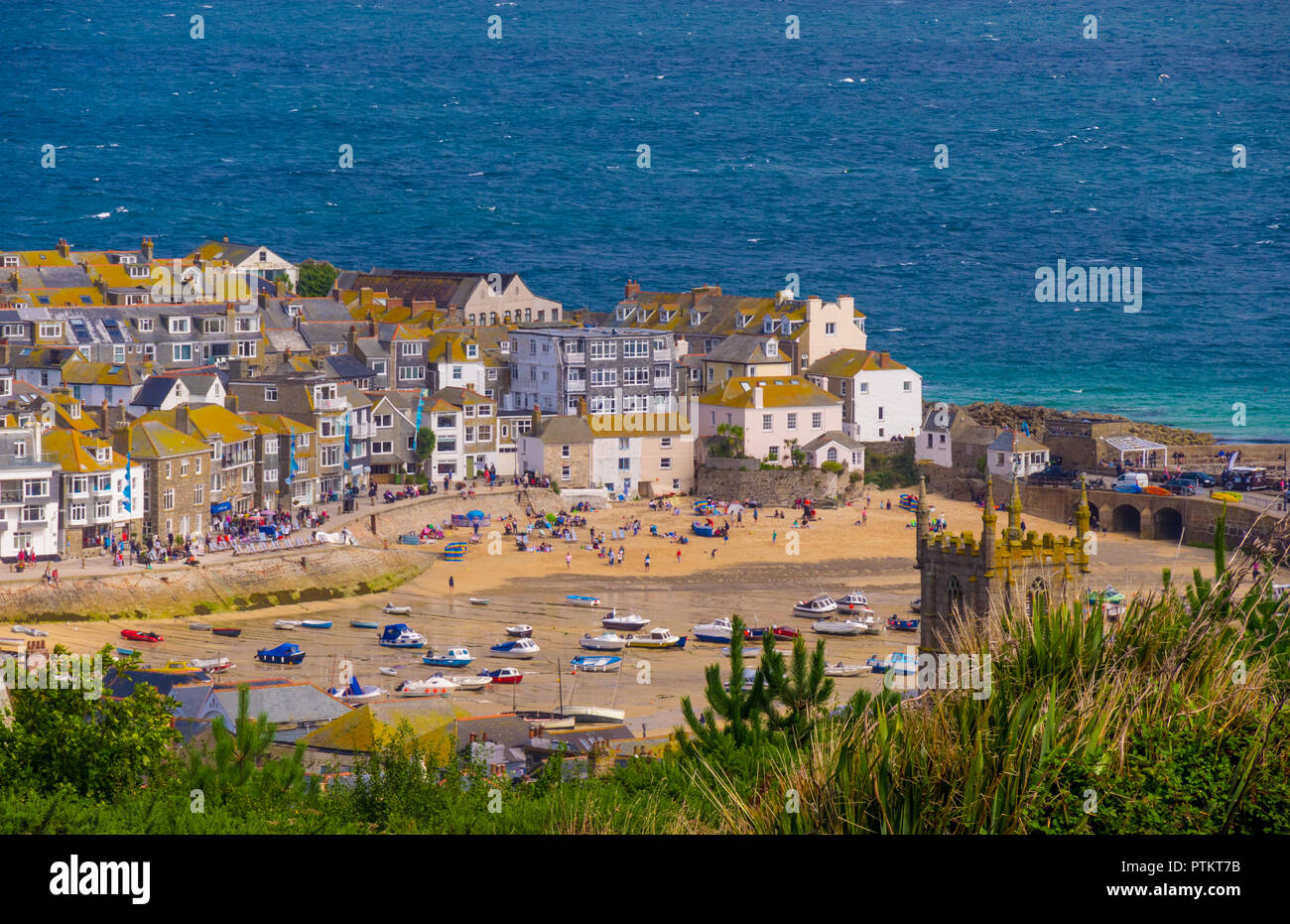 Aerial view over St Ives - a beautiful and famous town in Cornwall ...