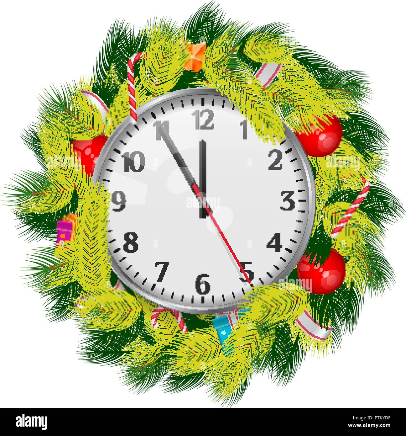 Realistic Vector Christmas Wreath with Clock Showing 5 Minutes to ...