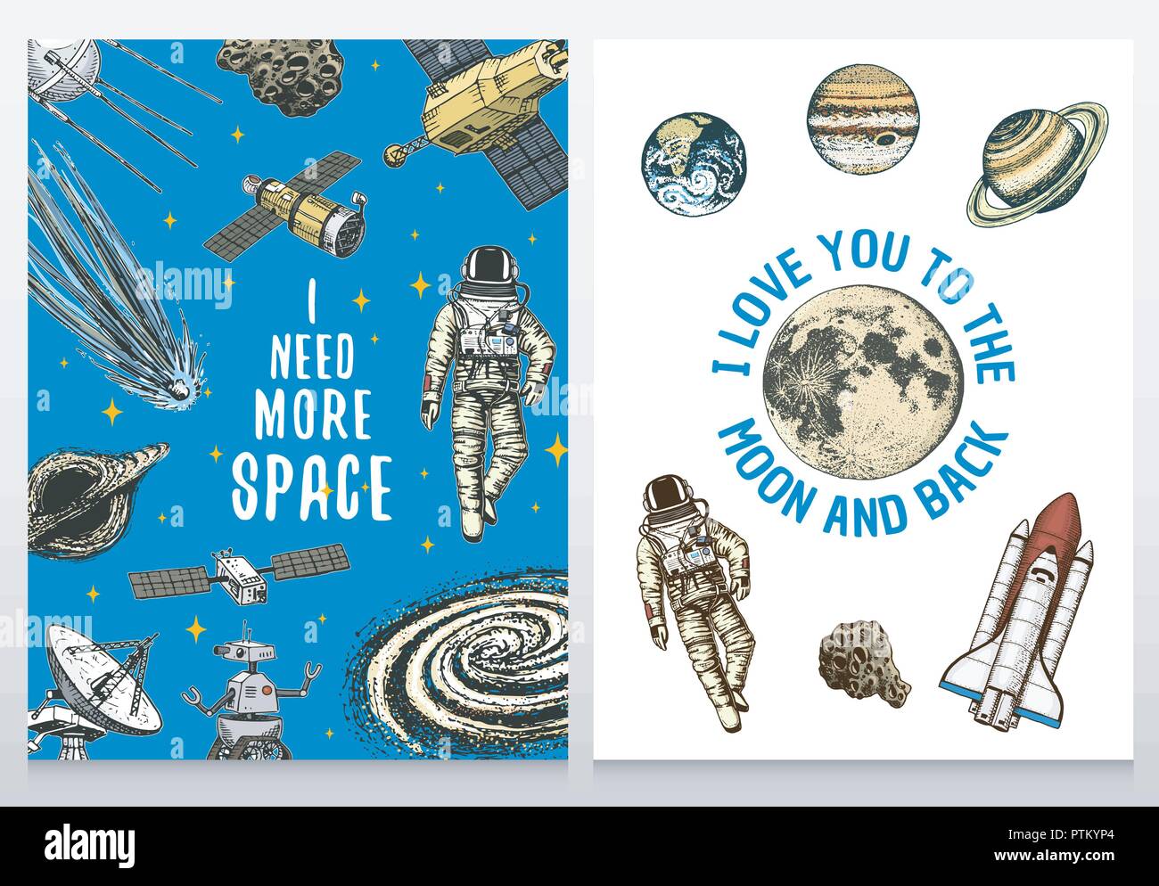 card planets in solar system and astronaut spaceman. moon and the sun ...