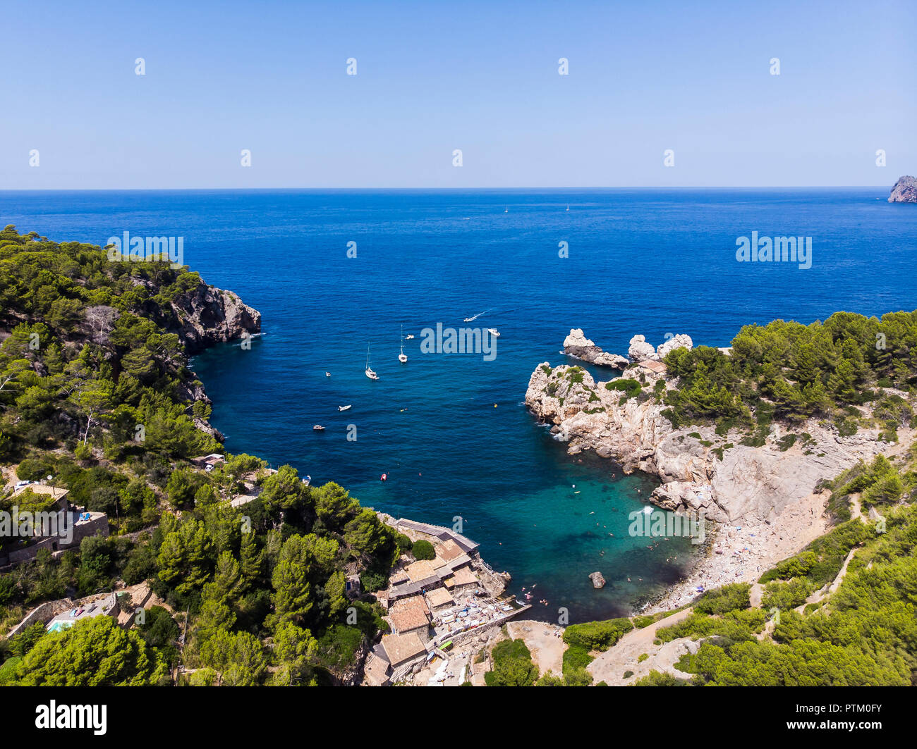 Aerial view, Cala Deia bay, Deia, Serra de Tramuntana, Majorca ...