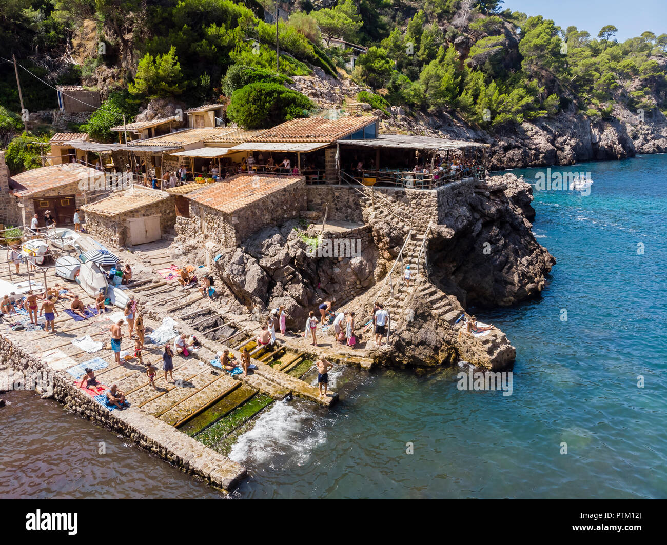 Aerial view, Cala Deia bay, Deia, Serra de Tramuntana, Majorca ...
