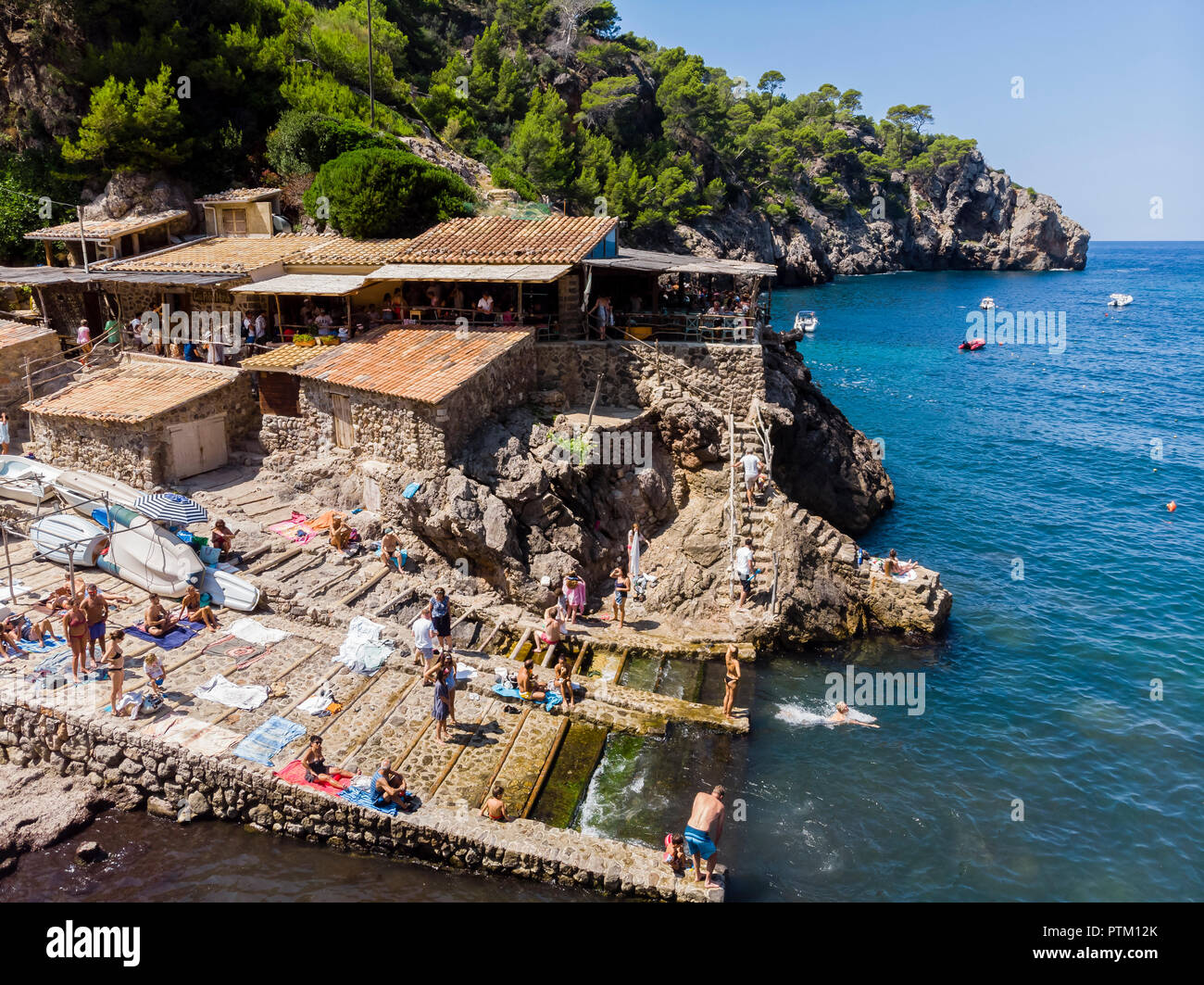 Aerial view, Cala Deia bay, Deia, Serra de Tramuntana, Majorca ...